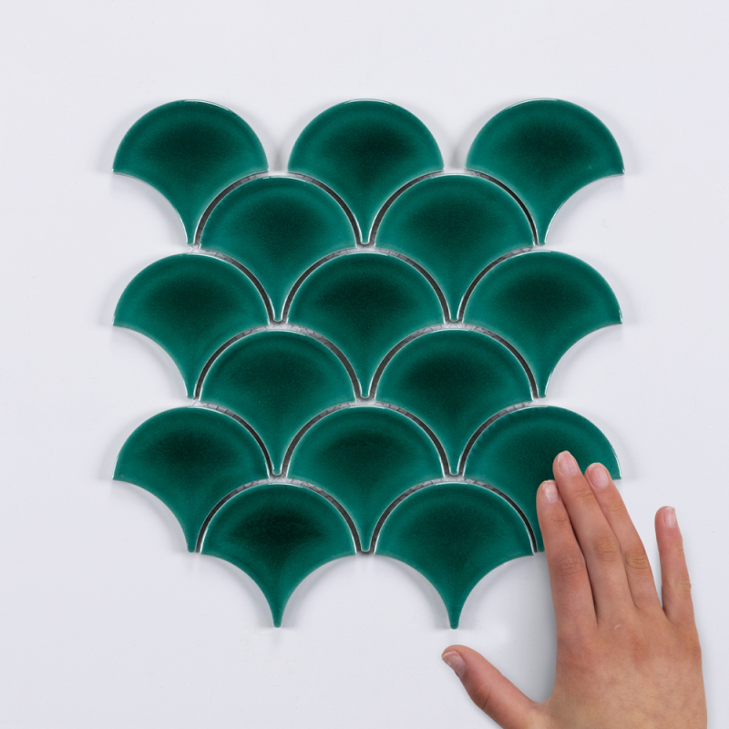 Green Crackle Fan Gloss Porcelain Mosaic Tile 25.9x27.3cm | Tile Merchant