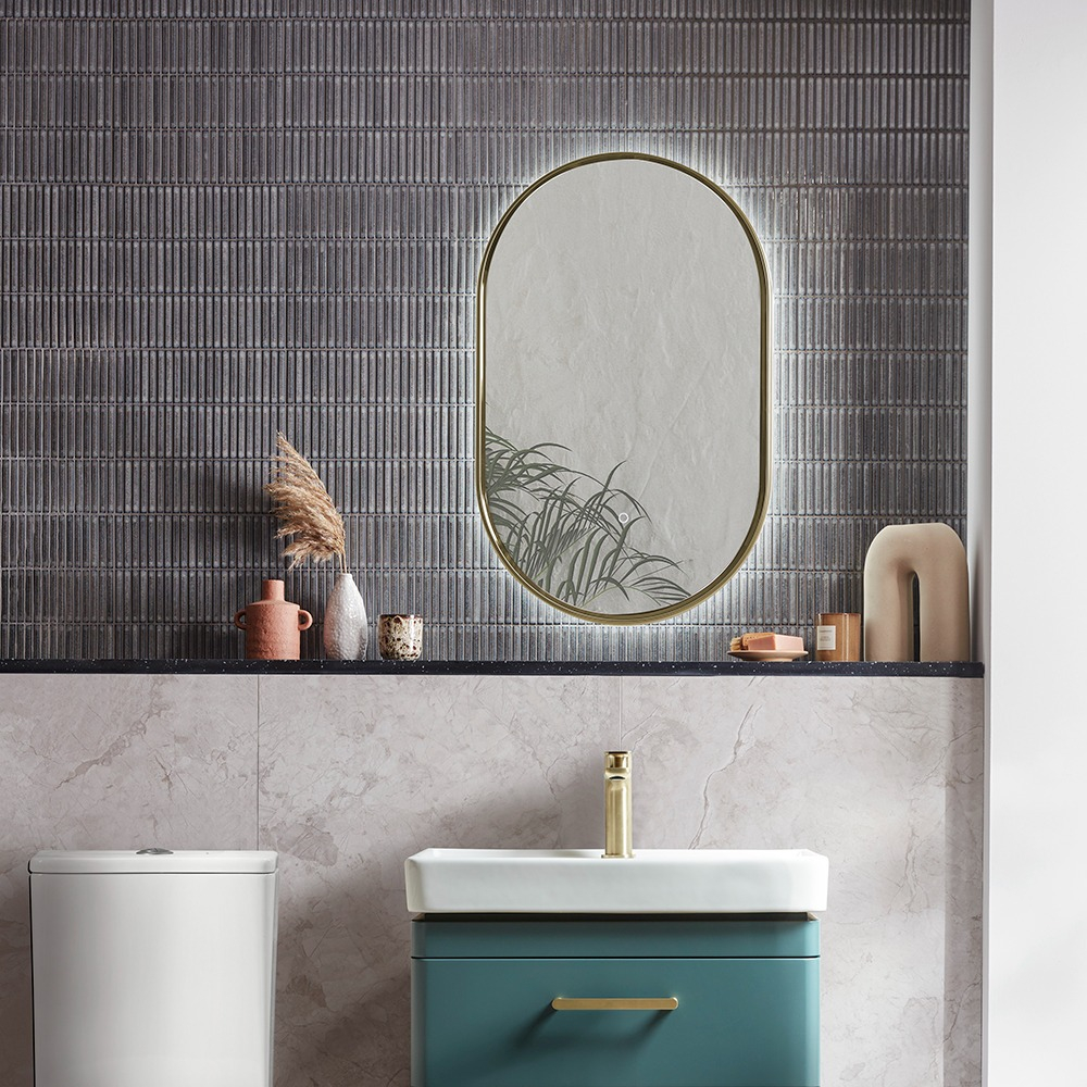 Oxygen Brushed Brass Illuminated Pill Mirror 50x80cm | Tile Merchant