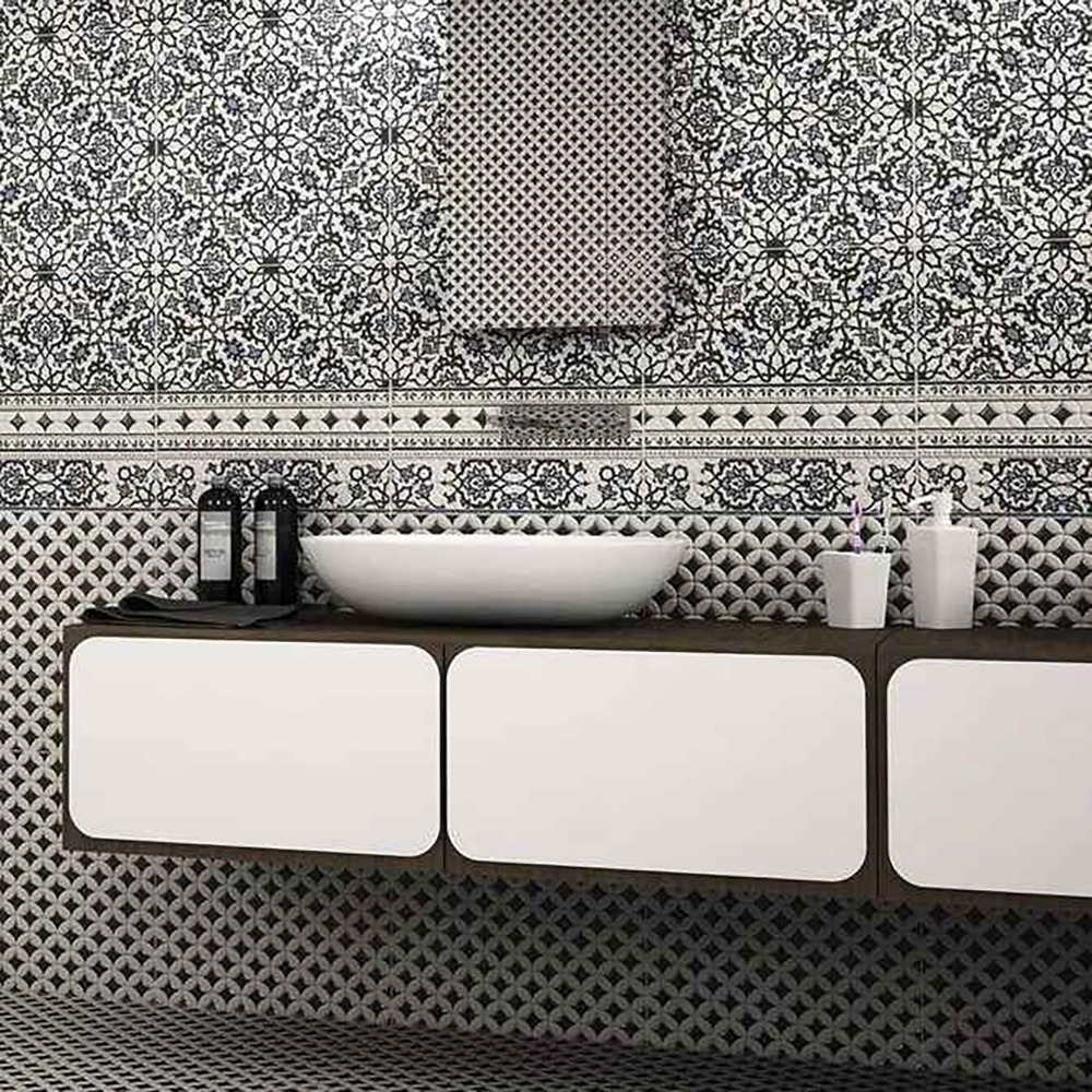 Orly Black Pattern Satin Porcelain Tile 44.2x44.2cm | Tile Merchant